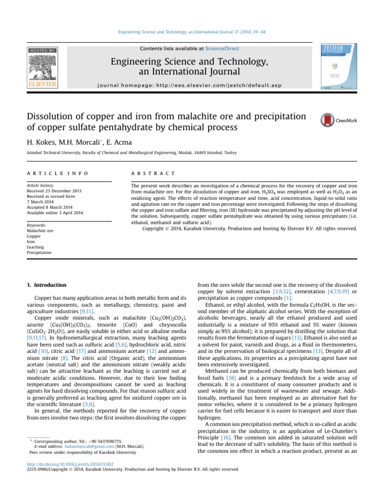 Dissolution of Copper and Iron From Malachite Ore | PDF | Hydroxide ...