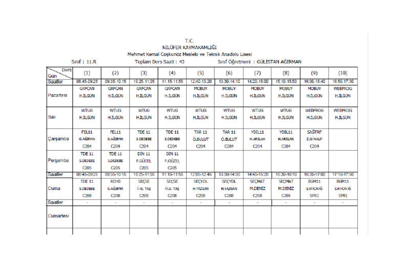 11R Sınıfı Ders Programı | PDF