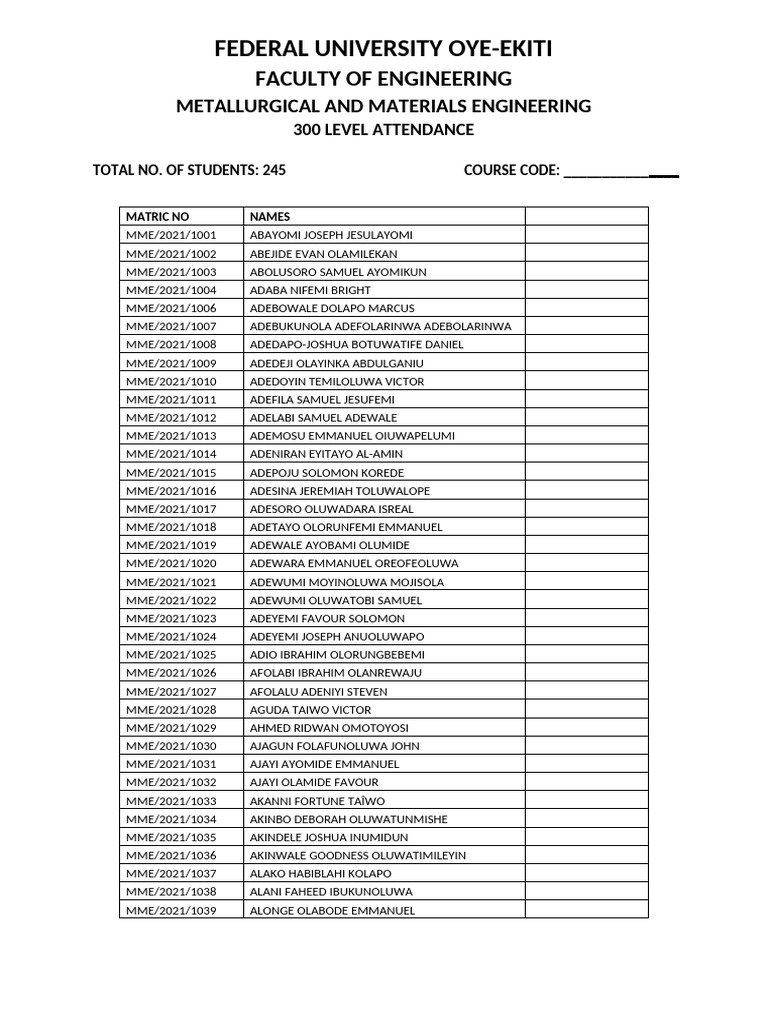 Attendance Record for MME 300 Level | PDF