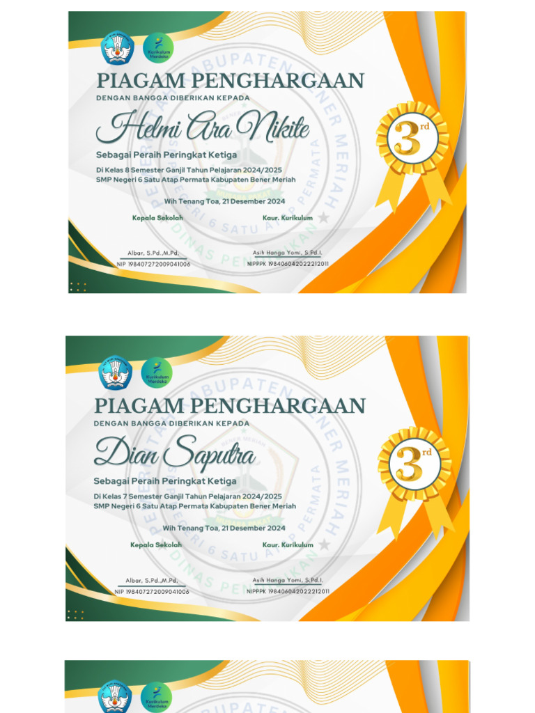 Piagam Penghargaan Juara Kelas | PDF
