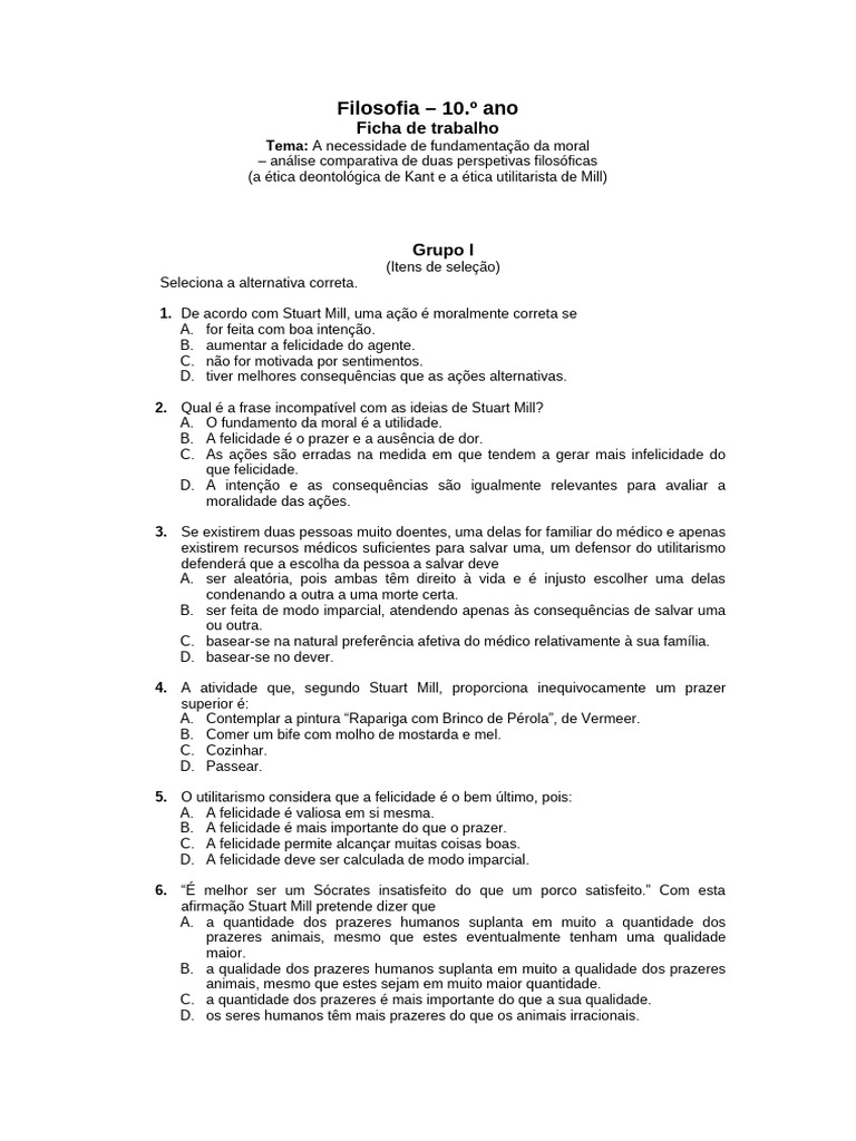 Ficha de Trabalho Sobre Kant e Mill | PDF | Utilitarismo | Immanuel Kant