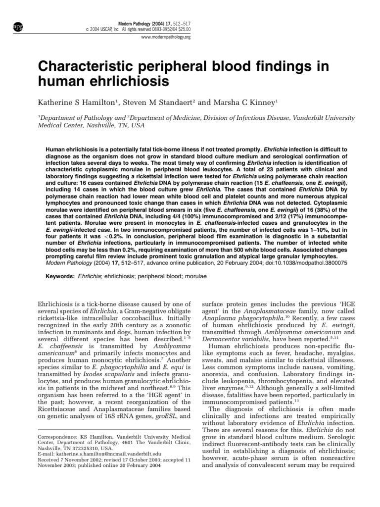 Characteristic peripheral blood findings in human ehrlichiosis | PDF | White Blood Cell | Infection