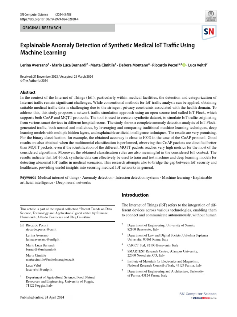 Explainable Anomaly Detection of Synthetic Medical IoT Traffic Using Machine Learning | PDF ...