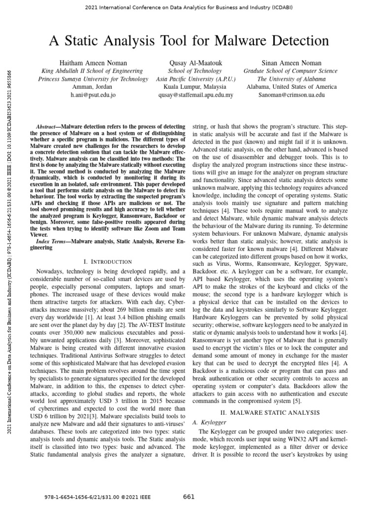 A Static Analysis Tool For Malware Detection Pdf Malware Ransomware