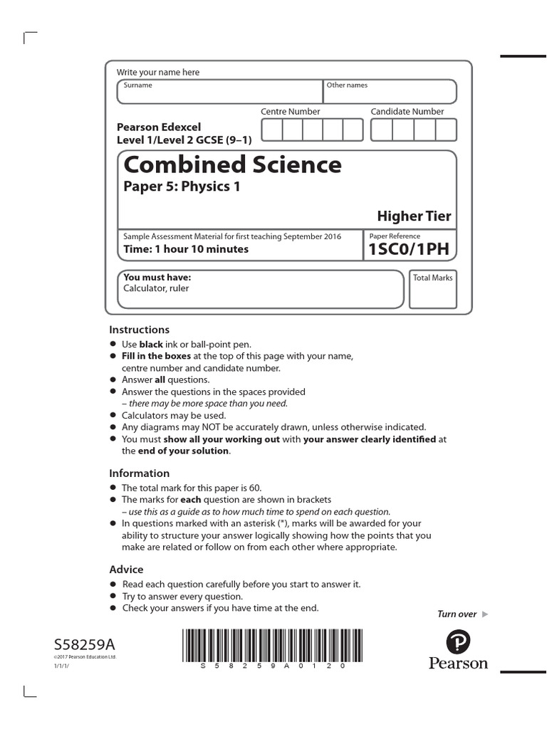 1sc0 1ph Additional Sams Combined Science Paper 5 Physics 1 Higher (1 ...