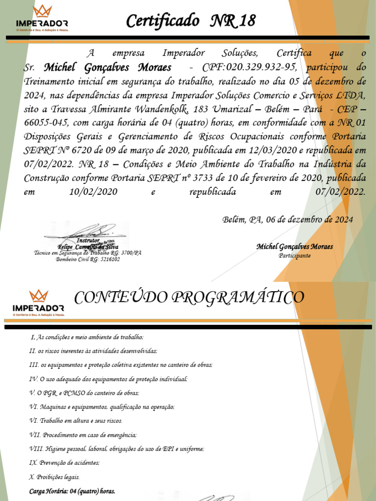 CERTIFICADO NR 18(1) | PDF