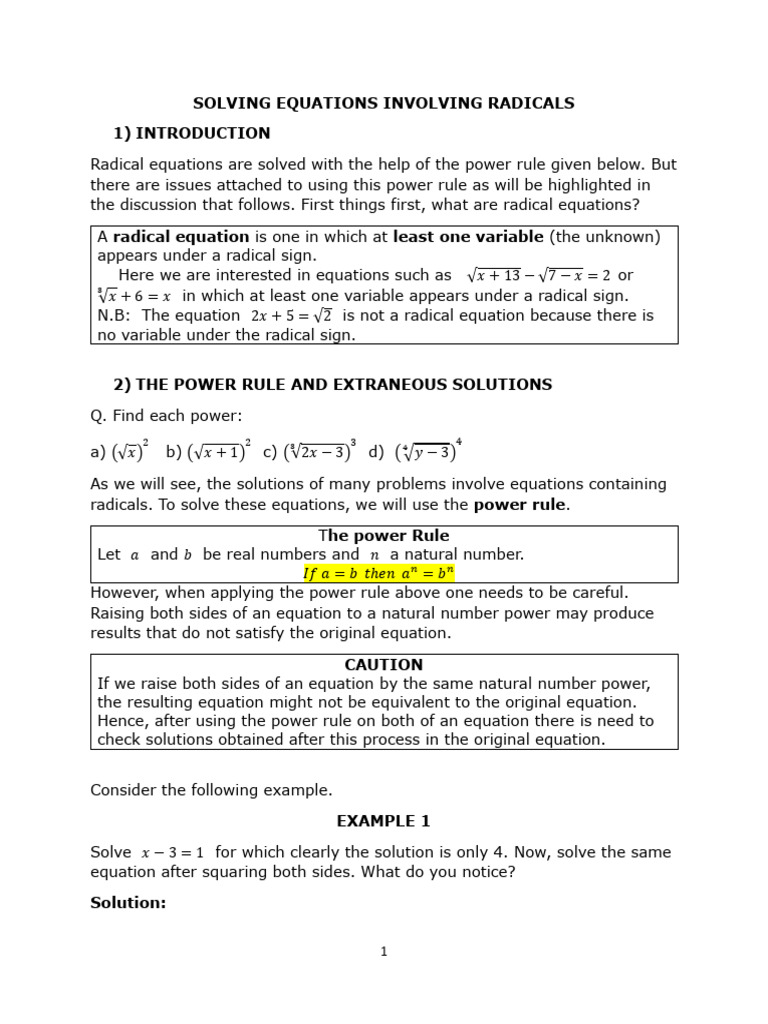 Solving Equations Involving Radicals | PDF | Equations | Applied ...