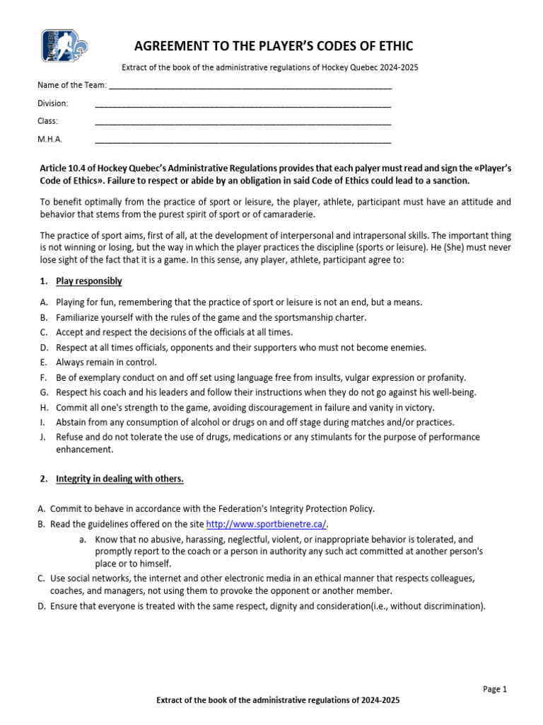 Agreement To The Players Code of Ethics 2024-2025 | PDF | Sports | Gender
