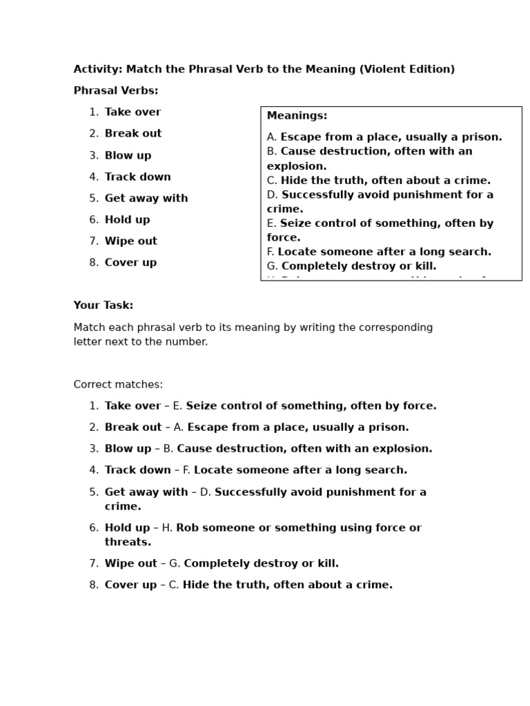 Match The Phrasal Verb To The Meaning (Violent Edition) | PDF