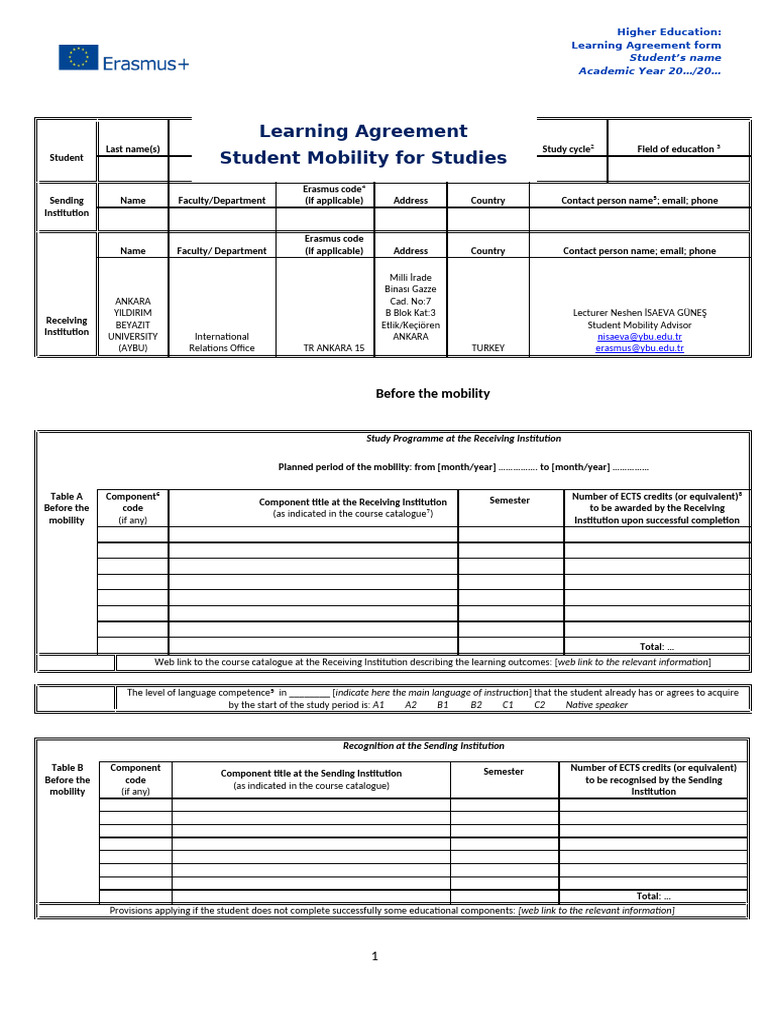 Learning Agreement Student Mobility For Studies | PDF | Academic Degree | Academia