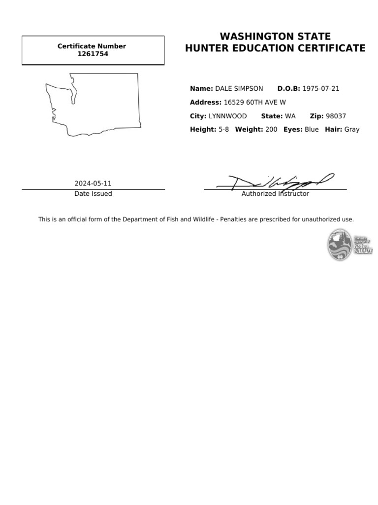 Washington Hunter Education Certificate | PDF