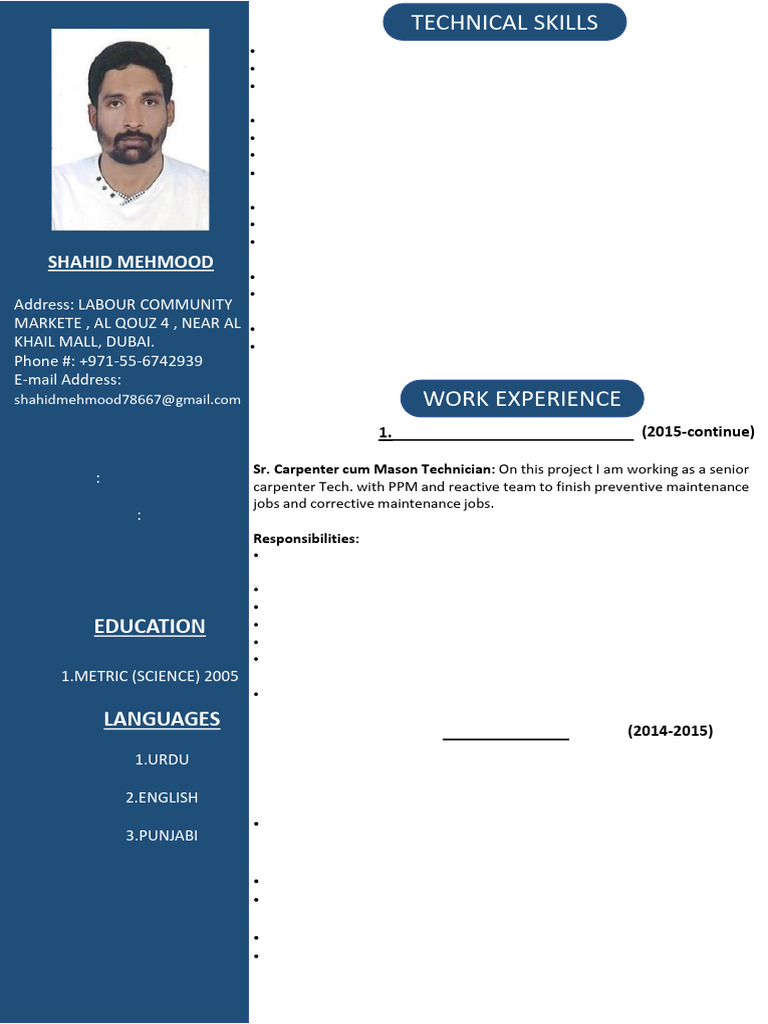 Shahid Mehmood Resume. | PDF | Carpentry