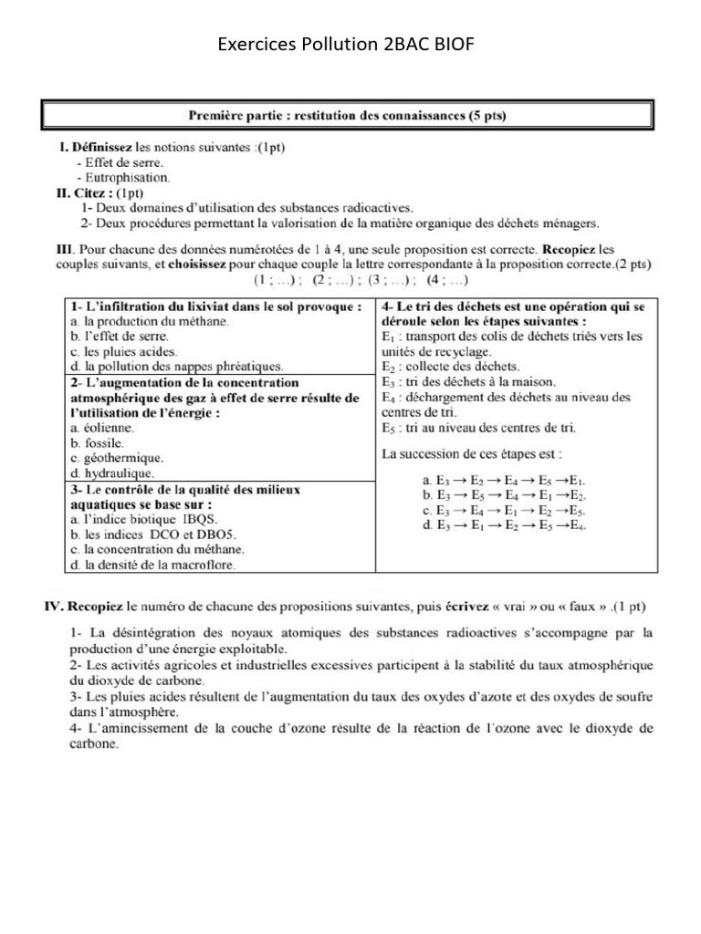 Pollution Exercises for 2BAC BIOF | PDF