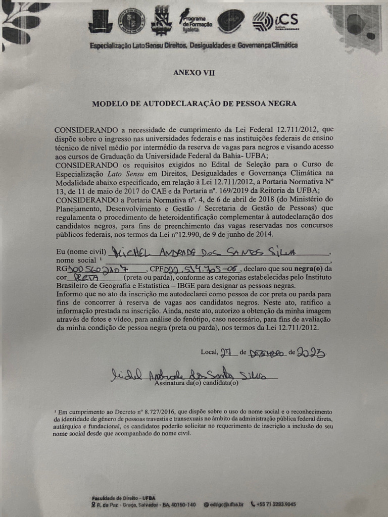 Autodeclaração de Pessoa Negra | PDF