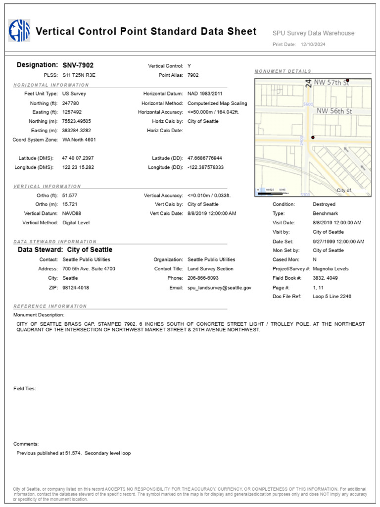 Seattle Vertical Control Point Data Sheet | PDF | Navigation | Geophysics