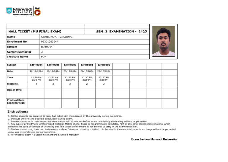 Hall Ticket Instructions for Exams | PDF