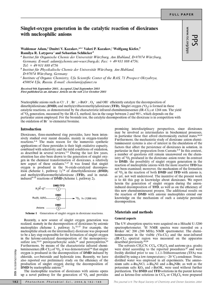 Singlet Oxygen from Dioxirane-Anion Reactions | PDF | Chemical ...