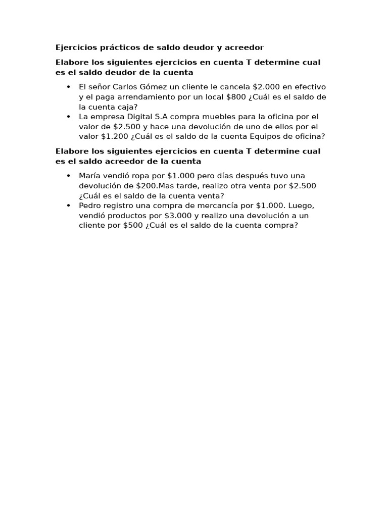 Ejercicios de Saldo Deudor y Acreedor | PDF