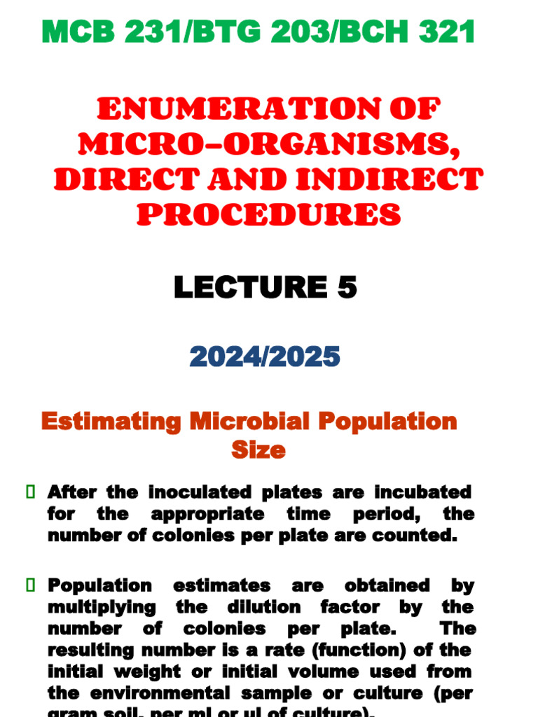 Lecture 5 - Enumeration of Microbes, Direct and Indirect Procedures | PDF | Colony Forming Unit ...