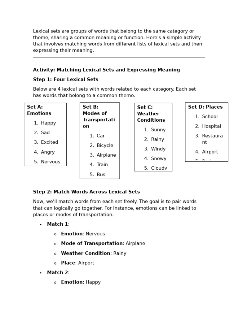 Matching Lexical Sets and Expressing Meaning | PDF | Emotions | Transport
