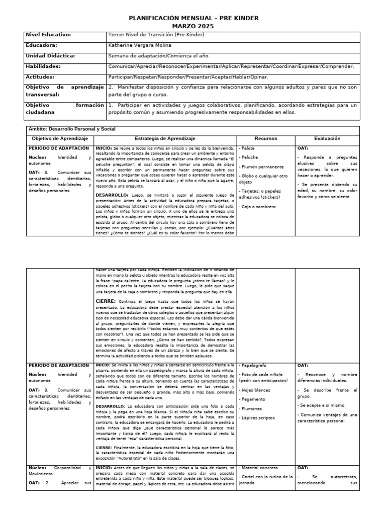 Planificacion Marzo 2025 Kinder | PDF | Aprendizaje | Educación de la ...