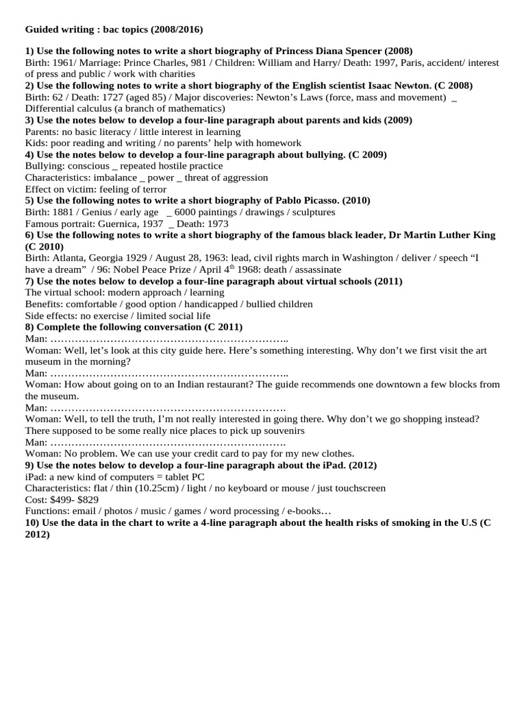 Guided Writing Bac Topics | PDF