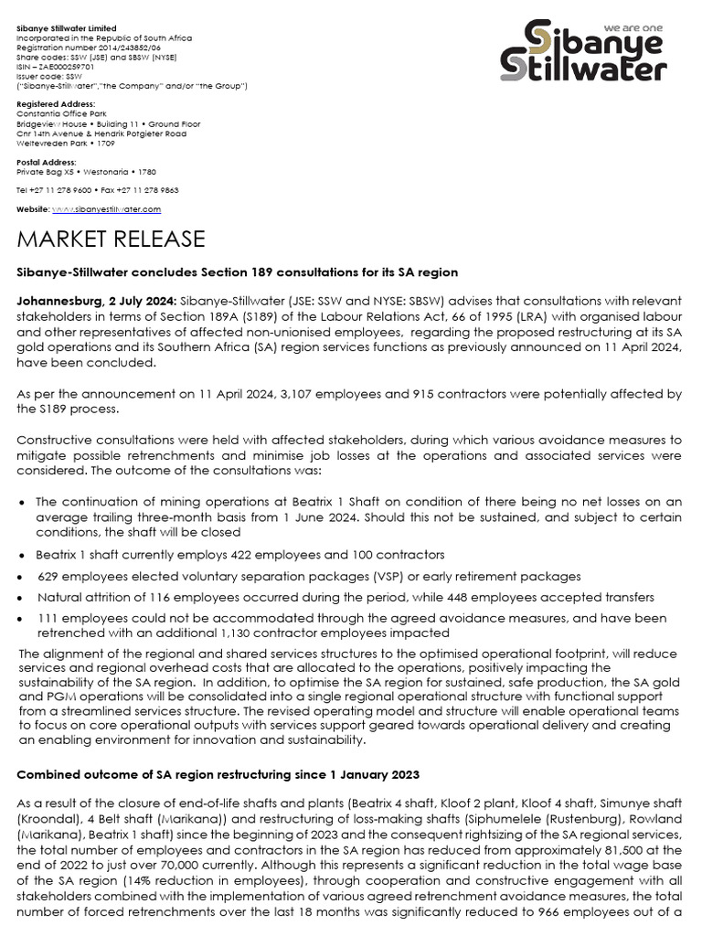 Sibanye Stillwater Concludes Section 189 Consultations SAregion ...