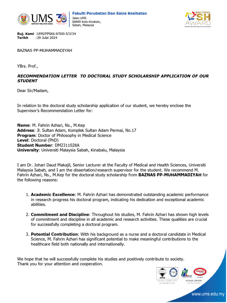 Recomendation Latter 1 | PDF | Doctor Of Philosophy | Titles