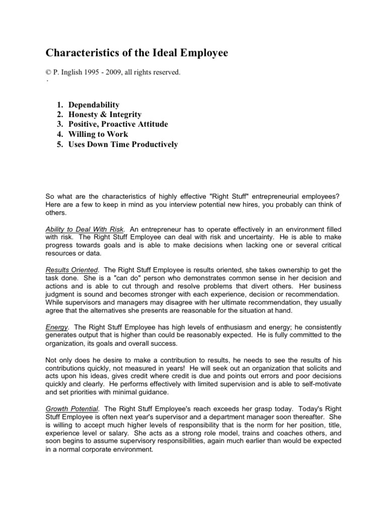 Characteristics of The Ideal Employee | PDF | Employment | Entrepreneurship