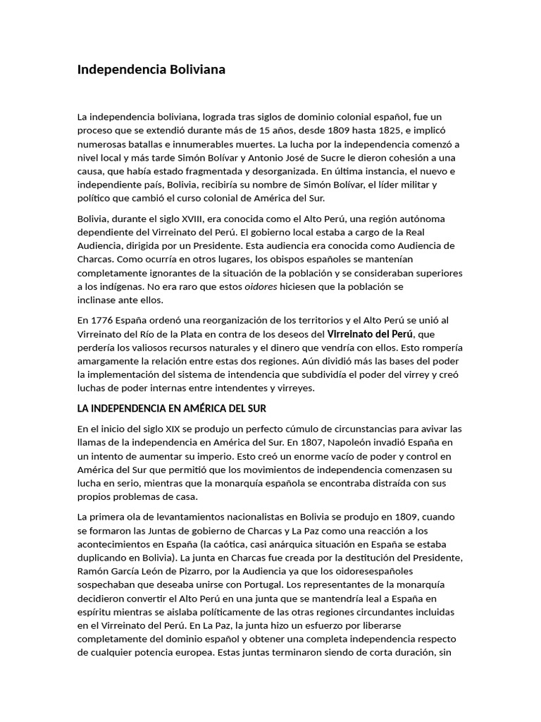 Proceso de Independencia Boliviana | PDF | Bolivia | Perú