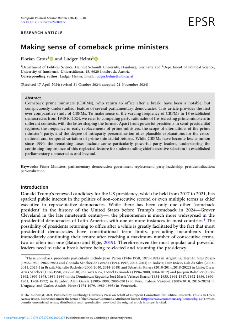 2024 HELMS Ludger Making Sense of Comeback Prime Ministers | PDF ...