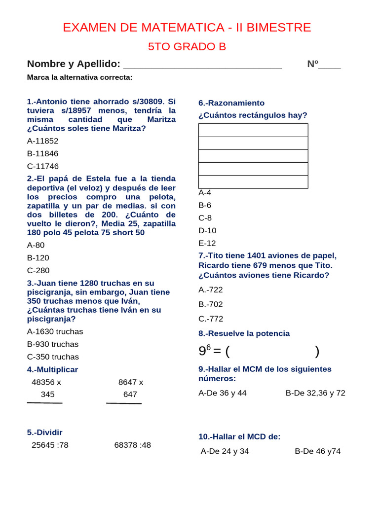 Examen de Matemática | PDF
