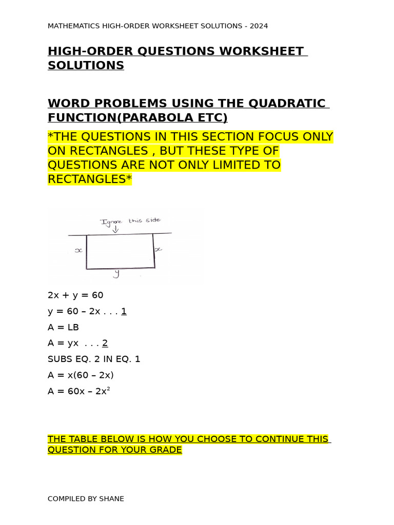 Mathematics High-Order Worksheet Solutions | PDF | Mathematics | Algebra