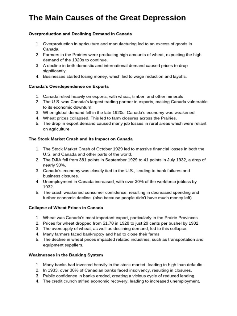 The Great Depression in Canada Summary Notes | PDF | Overproduction ...