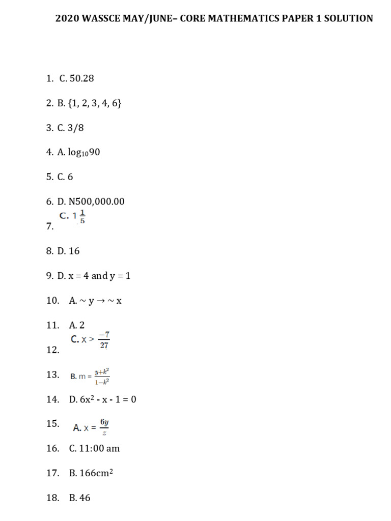 2020 Wassce - Core Mathematics Paper 1 Solution | PDF