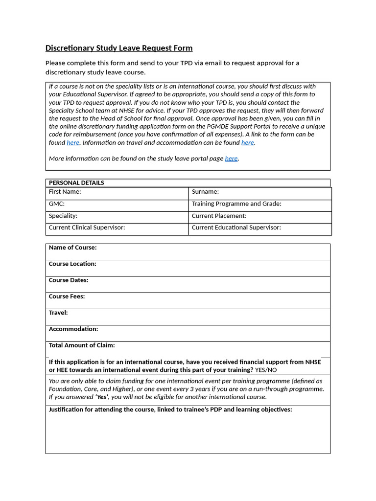 Discretionary Study Leave - TPD Request Template | PDF