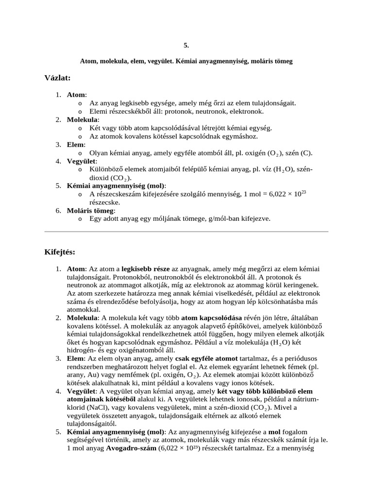 Atom, Molekula, Elem, Vegyület. Kémiai Anyagmennyiség, Moláris Tömeg | PDF