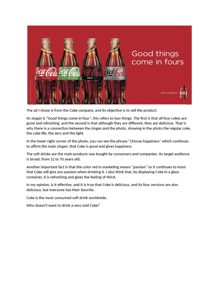 Coke Ad Analysis: "Good Things Come in Four" | PDF