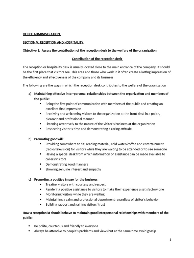 Reception and Hospitality in Office Admin | PDF