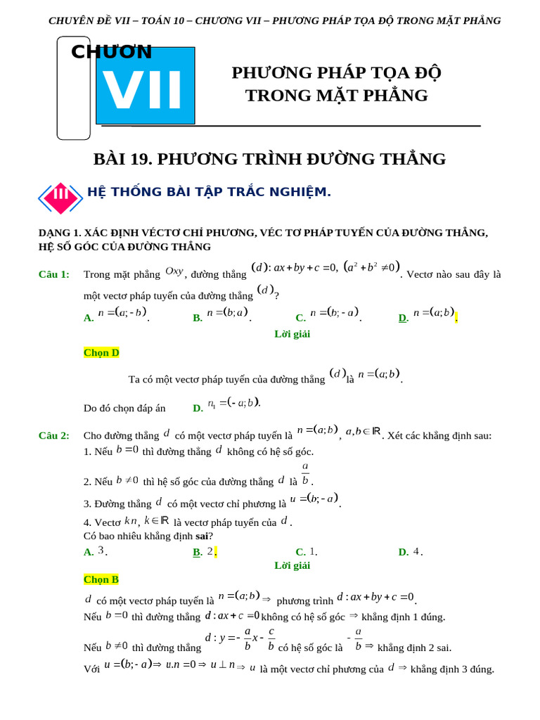 007.19.2 Toan-10 B19 C7 Pt-Duong-Thang Trac-Nghiem HDG | PDF