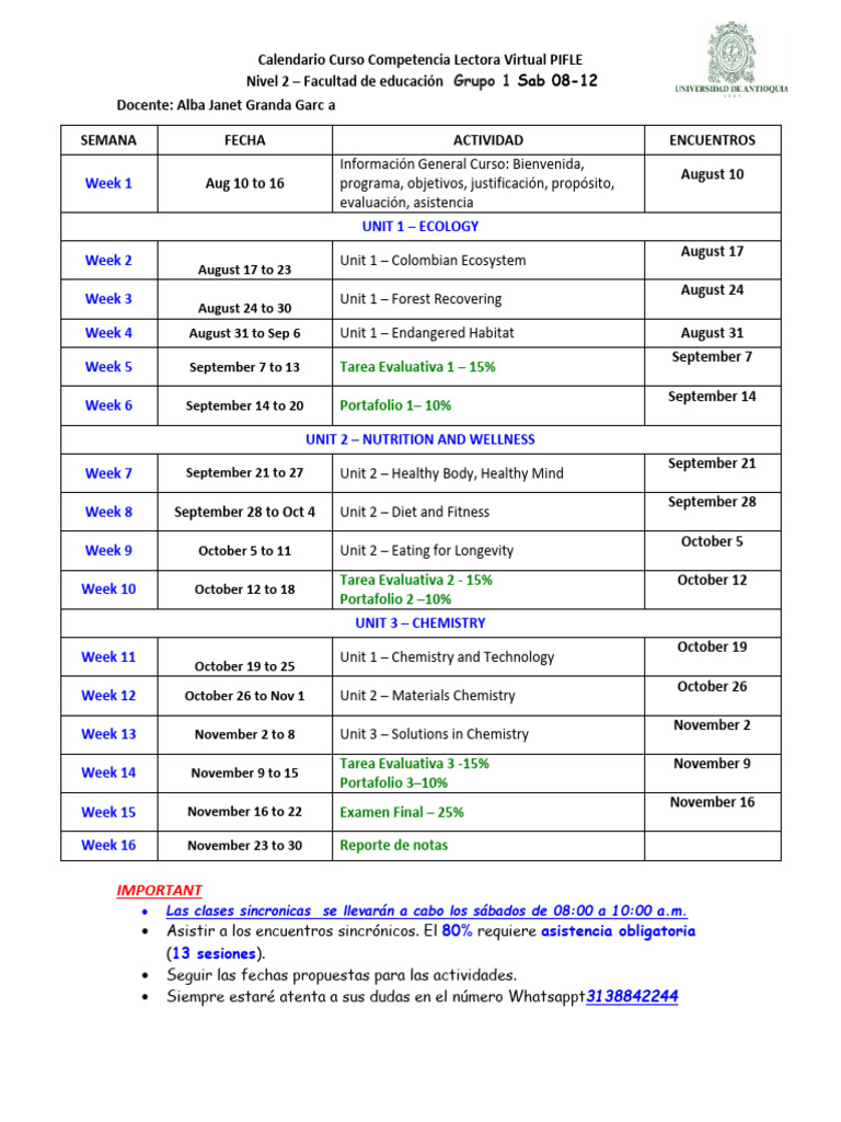 Calendario Académico - English Reading Comprehension 2 Facultad de ...