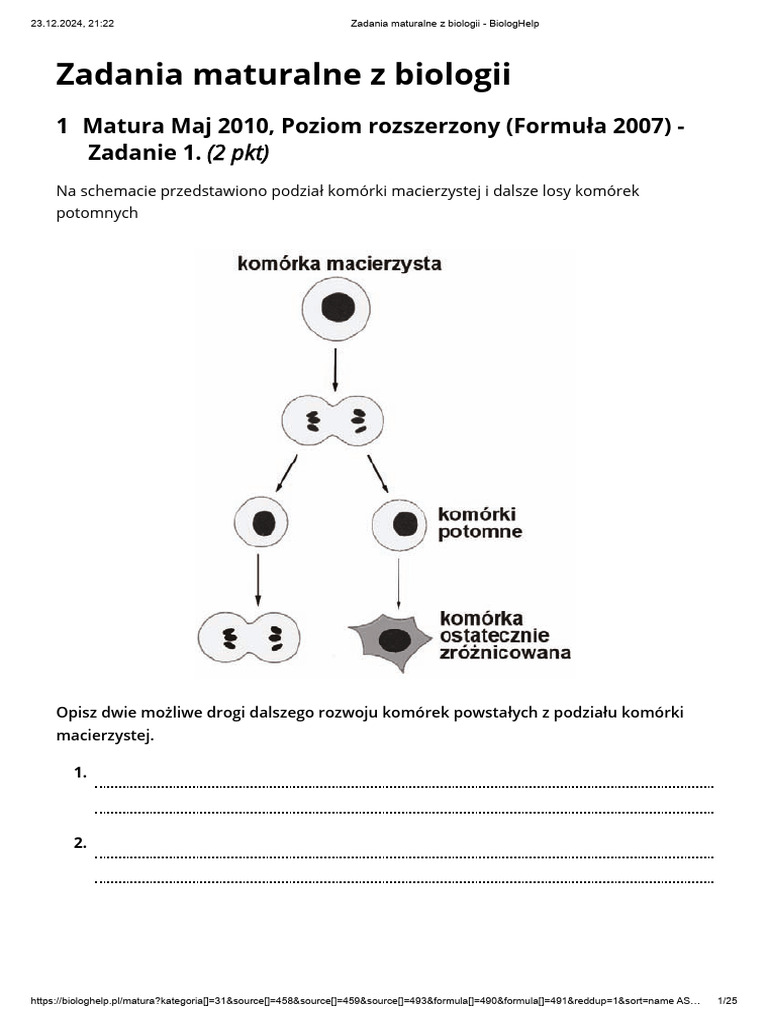 Zadania maturalne z biologii - komórka 1 | PDF