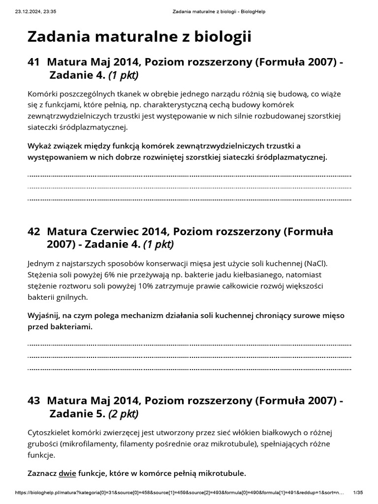 Zadania Maturalne Z Biologii - Komórka 2 | PDF