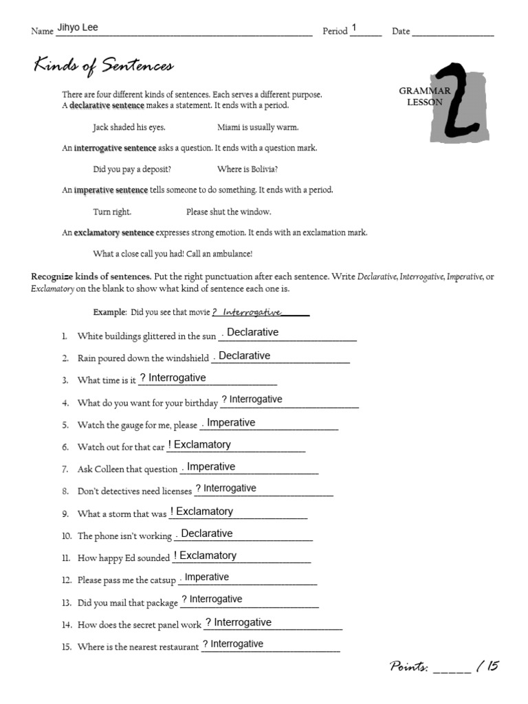 Grammar 2 - Kinds of Sentences | PDF | Sentence (Linguistics) | Question