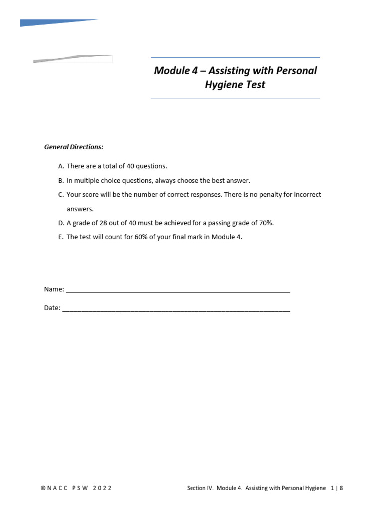 IV-5 Test - Module 4 Assisting With Personal Hygiene | PDF | Hygiene ...