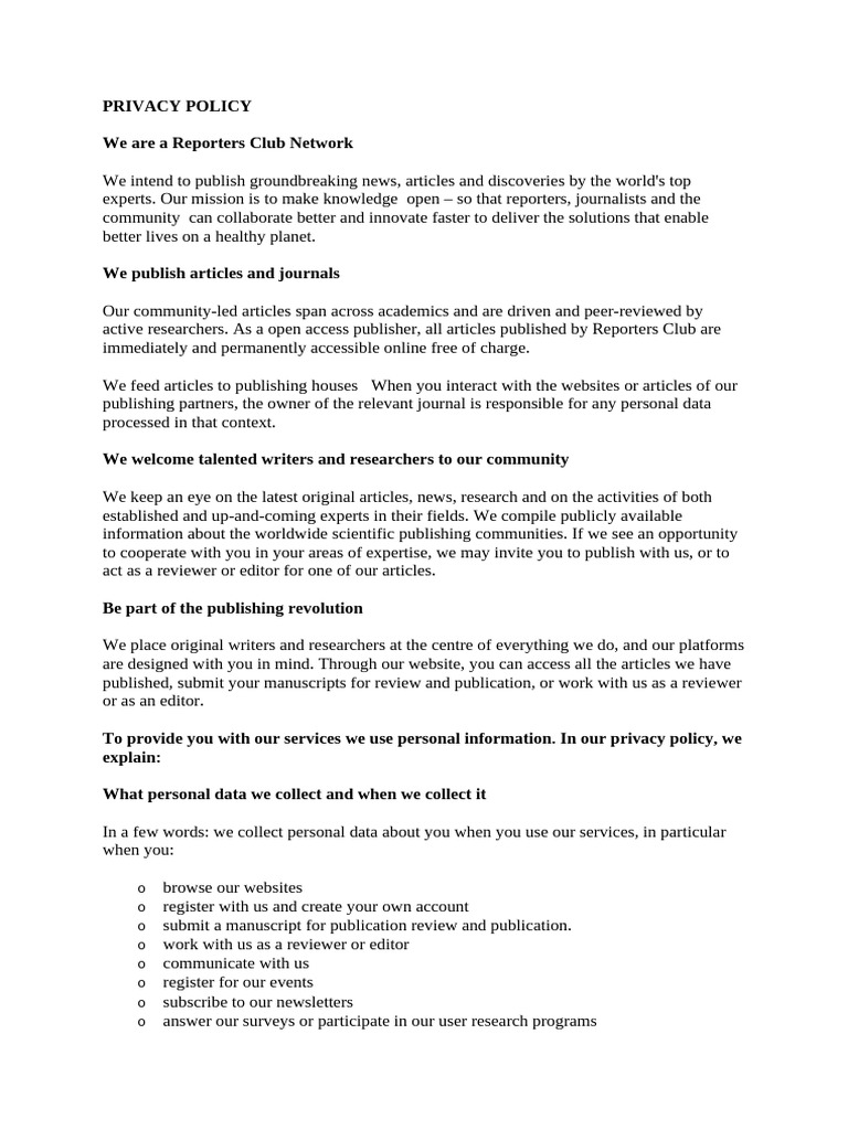Reporters Club Privacy Policy Overview | PDF | Publishing | Privacy