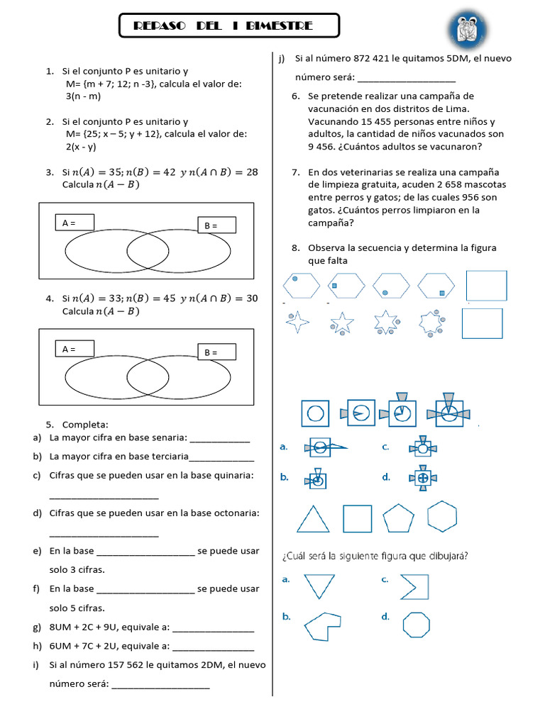 Repaso de Matemáticas I Bimestre | PDF