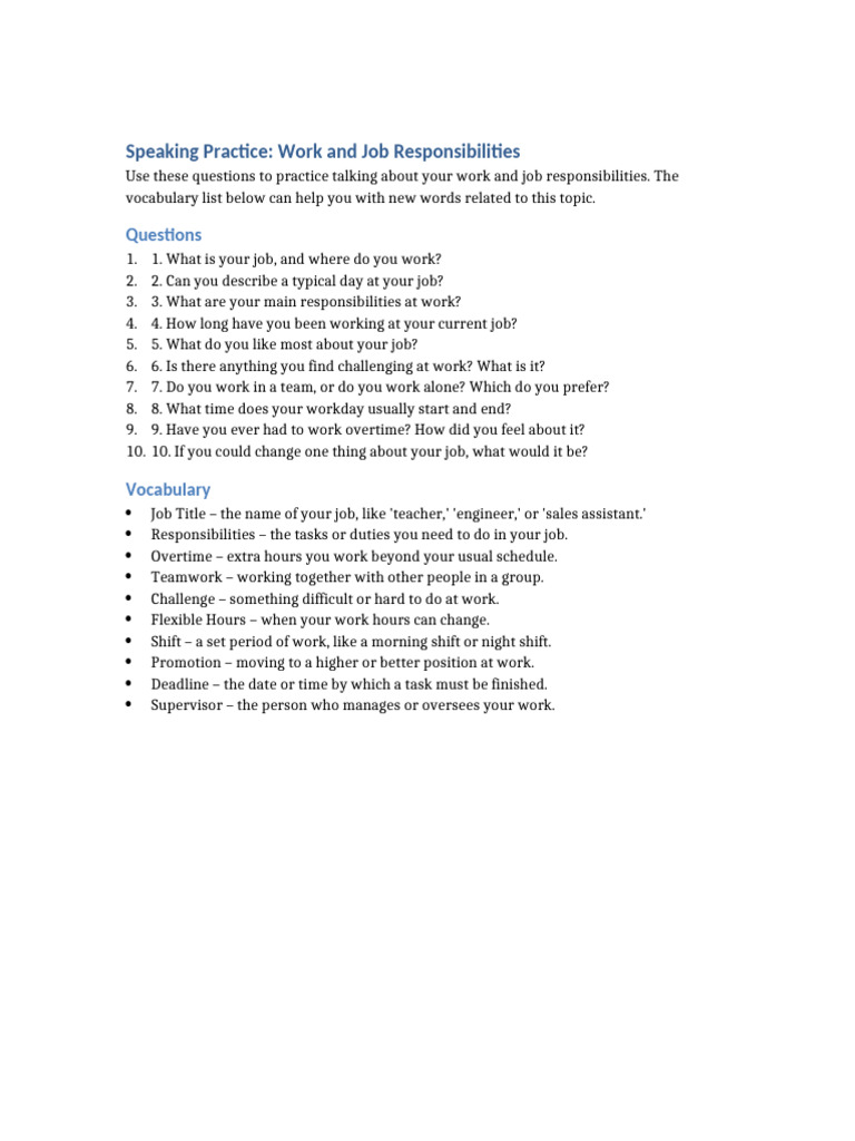 Work and Job Responsibilities Speaking Practice | PDF