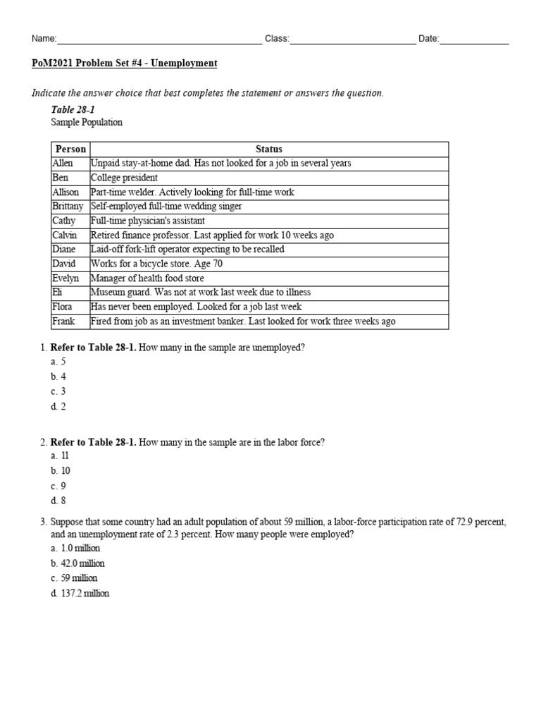 PoM2021 Problem Set 4 Unemployment | PDF | Unemployment | Labour Economics