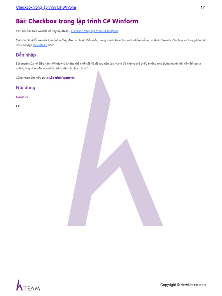 HOWKTEAM.vn - Checkbox Trong Lập Trình C# Winform | PDF